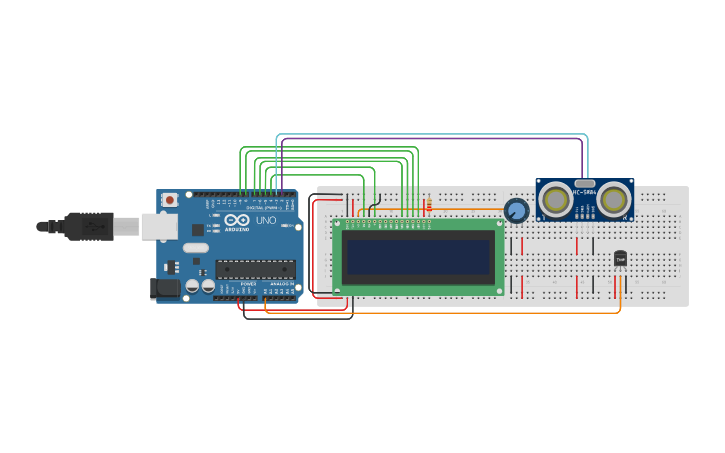 Circuit design Sensor dist y temp con LCD | Tinkercad