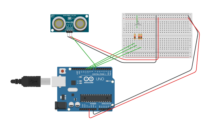 Circuit design Ultrasonic Sensor and RGB Led | Tinkercad