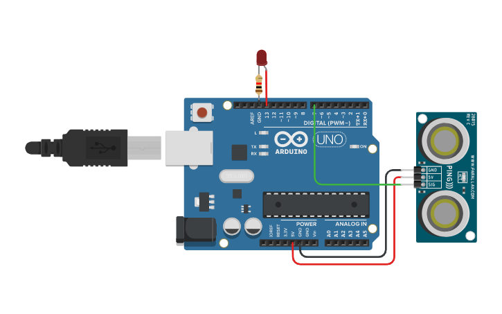 Circuit design Sensor ultrasonico prende led - Tinkercad