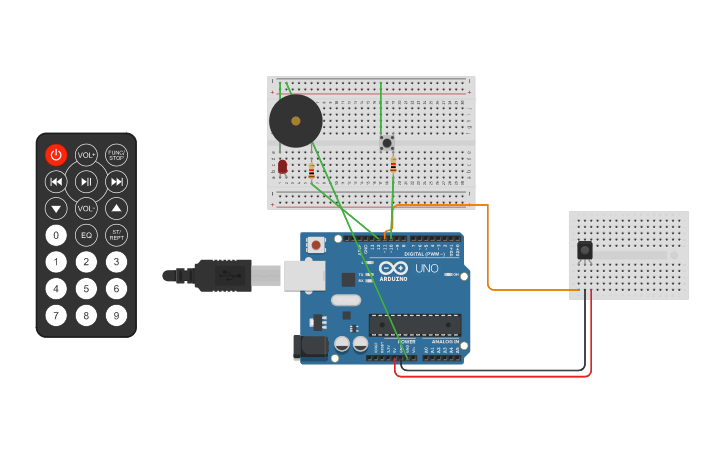 Circuit design LED_Pushbutton_buzzer_IR remote - Tinkercad