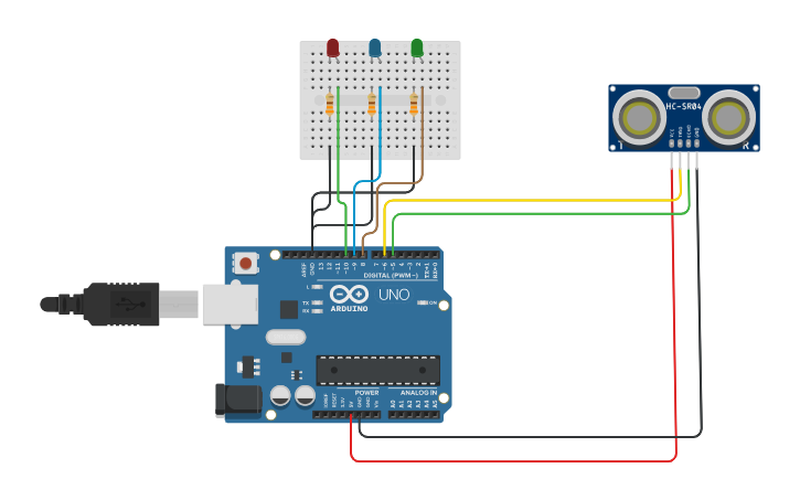 Circuit design Ultrasonic Sensor and LED - Tinkercad