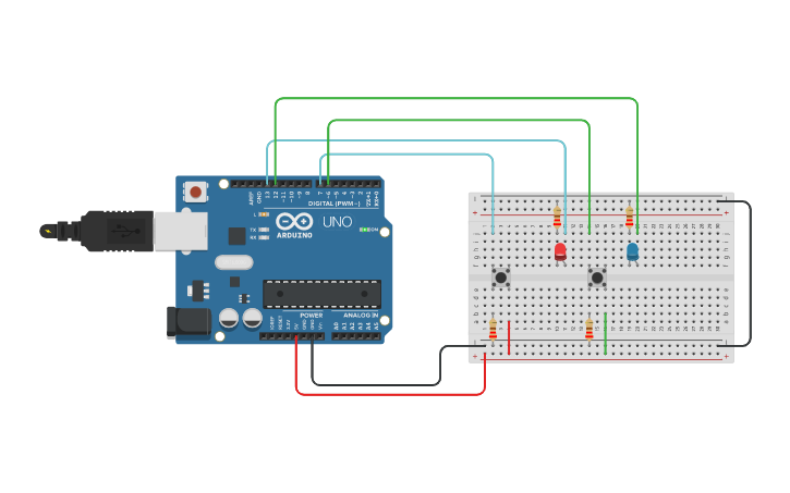 Circuit design pulsadores y leds - Tinkercad