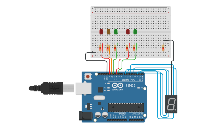 Circuit design Semaforo con contador - Tinkercad