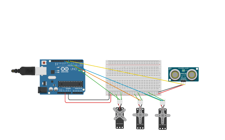 Circuit design ultrasonido + servos - Tinkercad