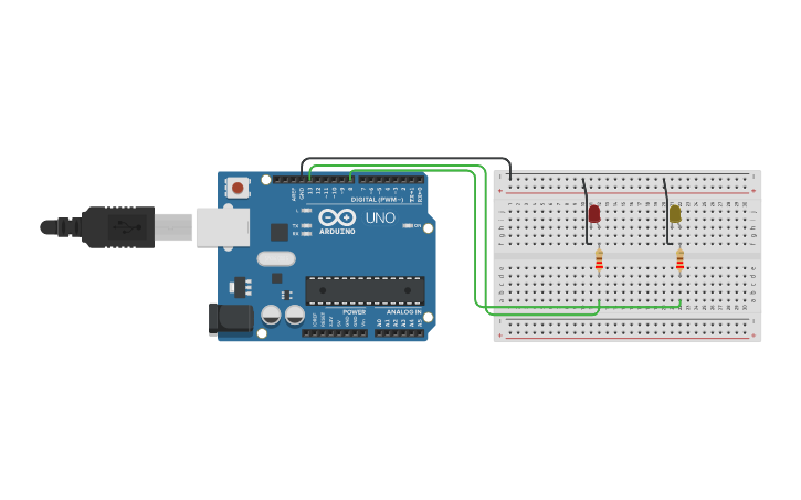 Circuit design 2 LED com protoboard | Tinkercad