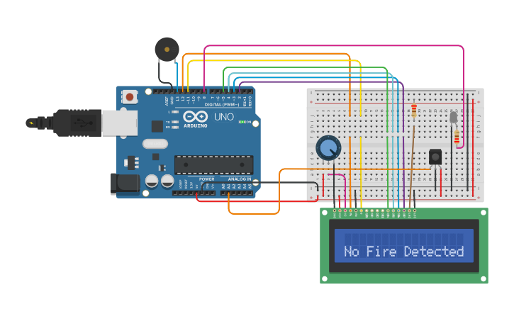 Circuit design Fire Sensor with LCD - Tinkercad