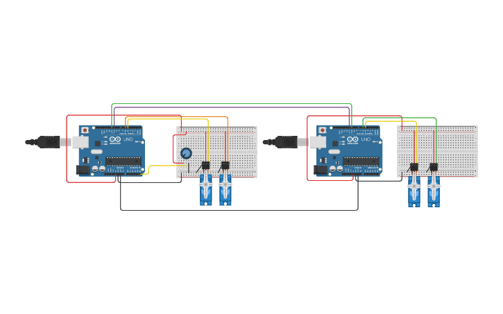 Circuit design Controlando servos de dois arduinos diferentes - Tinkercad