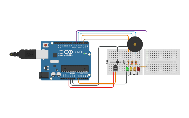 Circuit design Circuito de sensor de temperatura com leds e piezo - Tinkercad