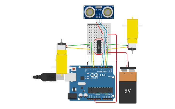 Circuit design Obstacle Avoidance Car [block code] - Tinkercad