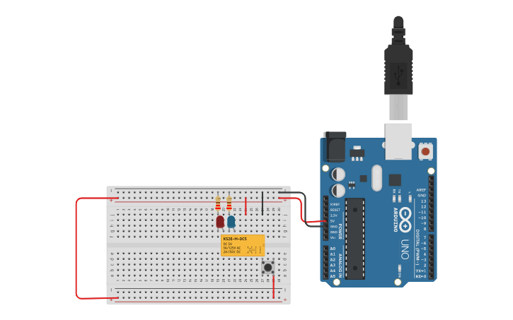 Circuit design Led with button and relay - Tinkercad