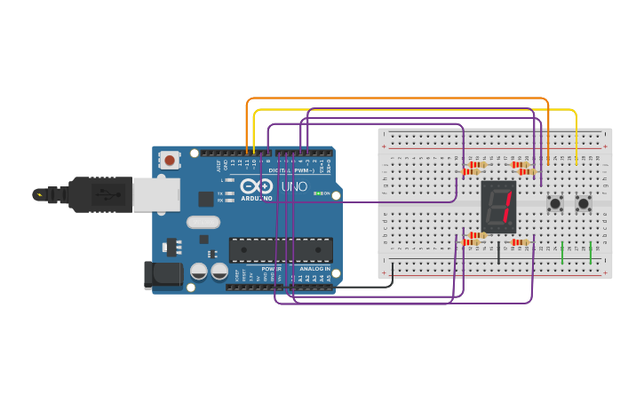 Circuit design 7 seg with 2 buttons - Tinkercad