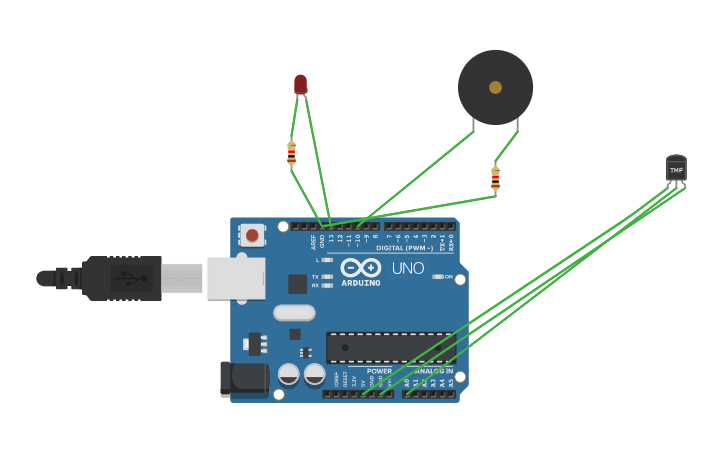 Circuit design temperature with sensor led - Tinkercad