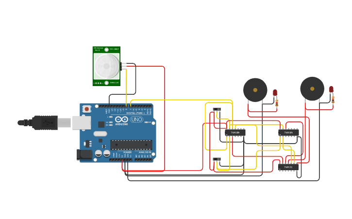 Circuit design Alarme com sensor e corte de sirene - com portas lógicas | Tinkercad