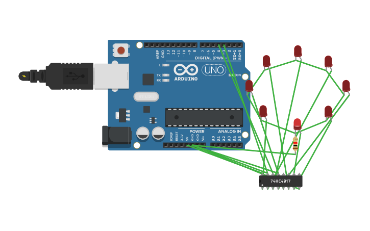 Circuit design 4017 8 LED Compass - Tinkercad