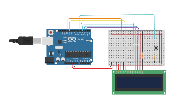 Circuit design LCD interfacing with pushbutton - Tinkercad