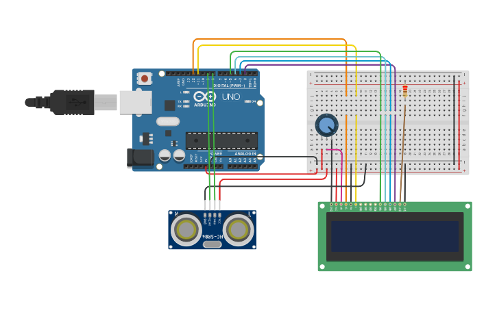Circuit Design Ultrasonik Sensör Ve Lcd Tinkercad 