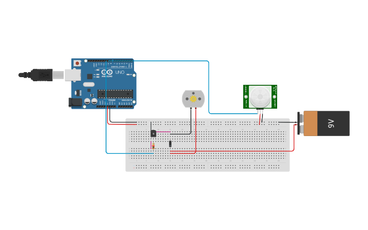 Circuit design dc motor with PIR sensor - Tinkercad