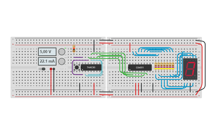 Circuit design Contador 74HC93 y Display de 7 segmentos - Tinkercad