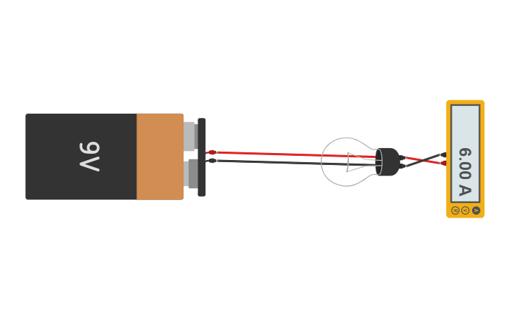 Circuit design bombilla+pila+amperimetro | Tinkercad