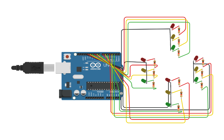 Circuit design Copy of 4 way traffic light system - Tinkercad