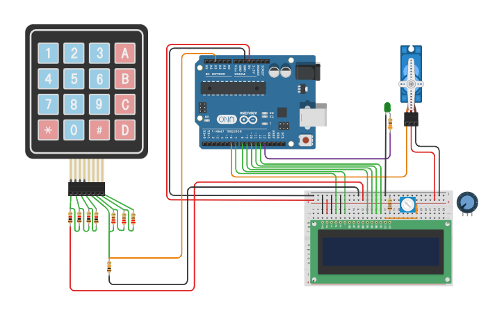 Circuit design Trava de Porta com teclado e LCD - Tinkercad