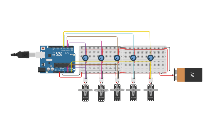 Circuit design 5 Servomotor con 5 potenciometro | Tinkercad Circuit design 5 Servomotor con 5 potenciometro | Tinkercad