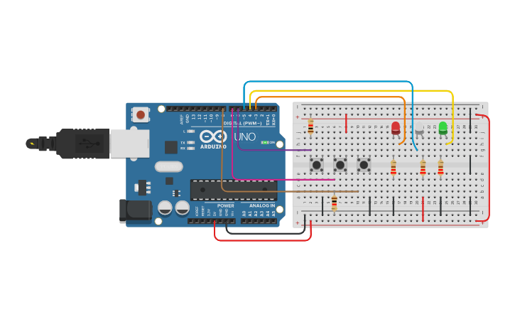 Circuit design 3AET CONTROLLO LED CON PULSANTI V2 | Tinkercad Circuit design 3AET CONTROLLO LED CON PULSANTI V2 | Tinkercad