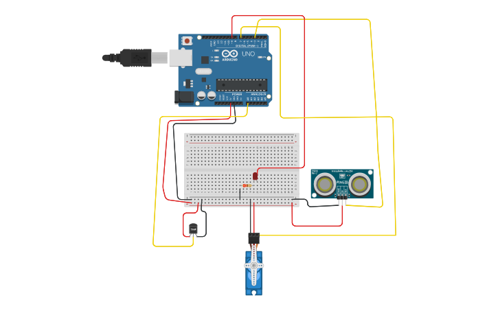 Circuit design Pelayo Barroso 2 SENSORES TEMPERATURA Y DISTANCIA CON SERVO Y LED - Tinkercad