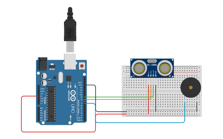 Circuit design LABWORK3: BUZZER AND ULTRASONIC - Tinkercad