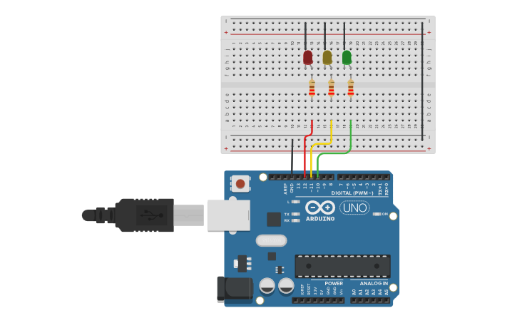 Circuit design ejercicio 3 - Semáforo con Arduino UNO - Tinkercad
