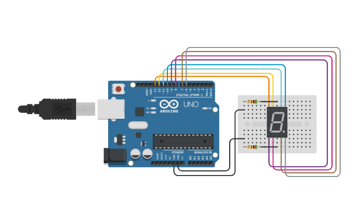 Circuit design 7 SEGMENT and Arduino UNO - Tinkercad