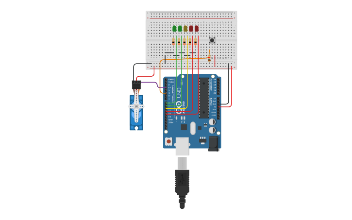 Circuit design Servomotore con led e pulsante - Tinkercad