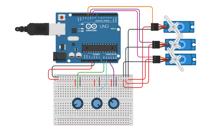Circuit Design Exercise 1 Potentiometer Control Of Multiple Servo Motors Tinkercad