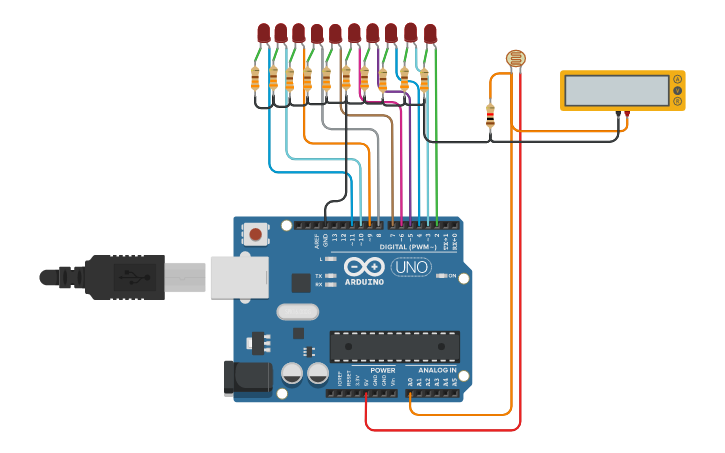 Circuit design ATIVIDADE PROPOSTA: LUXÍMETRO COM LDR E BARGRAPH DE LED'S - Tinkercad