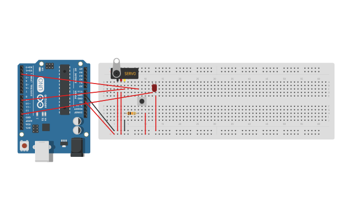 Circuit design Servo+Button+LED - Tinkercad