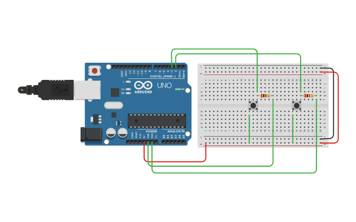 Circuit design Interrupciones con dos pulsadores - Tinkercad