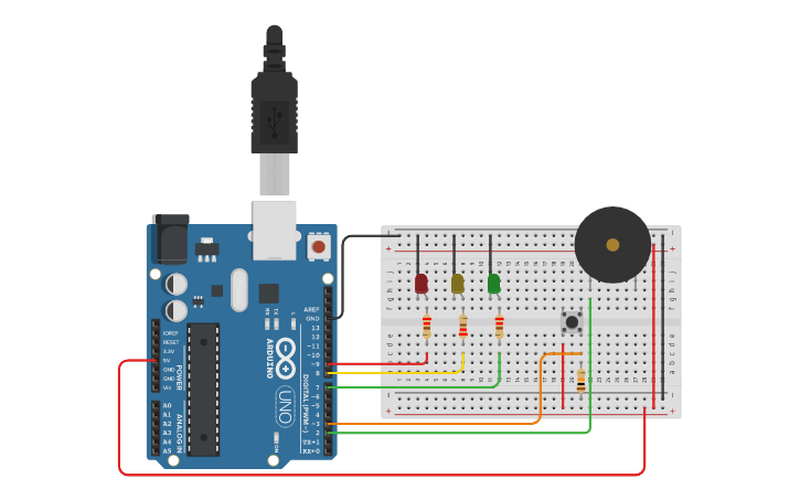 Circuit design Semaforo con pulsante e buzzer - Tinkercad