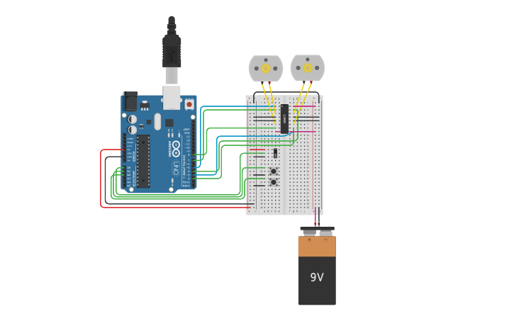 Circuit design Zwei Motoren, Schiebeschalter, zwei Taster | Tinkercad