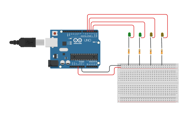 Circuit design Arduino (led verde y amarillo) - Tinkercad