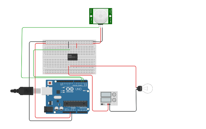 Circuit design pir-relay lightbulb - Tinkercad