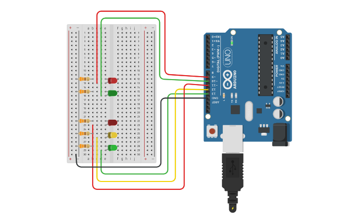 Circuit design Semáforo de Veículos e Pedestres | Tinkercad
