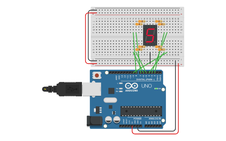 Circuit design 7seg LED disp number-anode-common | Tinkercad