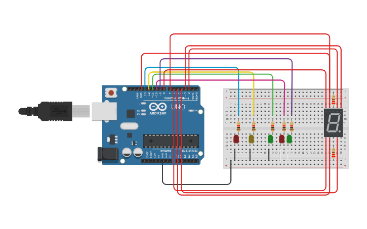 Circuit design Semáforo com Contador - Tinkercad