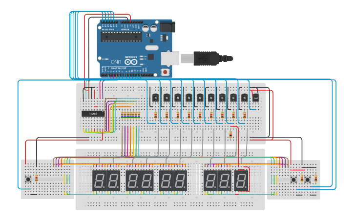 Circuit design Relógio Display 7 segmentos e Termômetro | Tinkercad