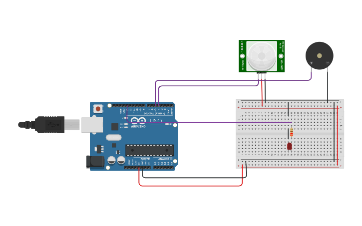 Circuit design Detector de movimiento PIR con Buzzer - Tinkercad