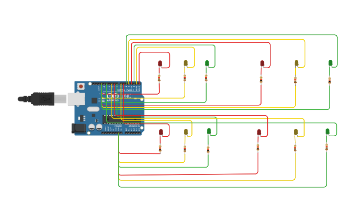 Circuit design 4-Way traffic lights - Tinkercad