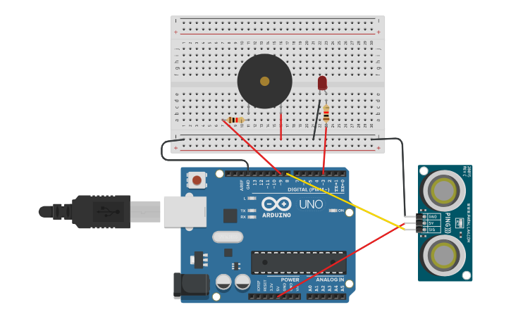Circuit design distance sensor + BUZZER V2 | Tinkercad