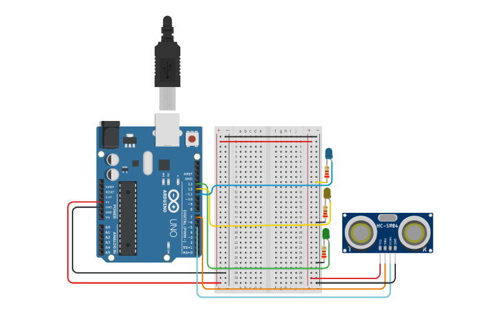 Circuit design Led con sensor ultrasónico - Tinkercad