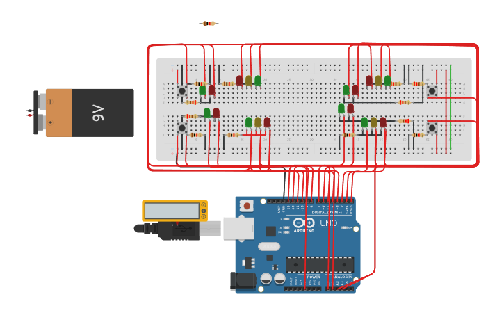 Circuit design Copy of 4-Way-Traffic-Lights - Tinkercad