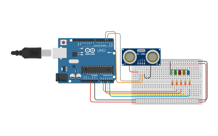 Circuit design sonic (4 pins) sensor using LEDS and switch case | Tinkercad